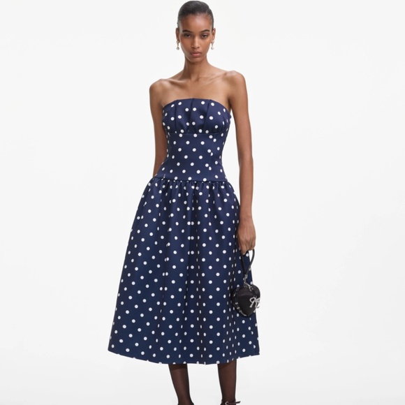 Self-Portrait | Dresses | Selfportrait Navy Polka Dot Satin Midi Dress ...